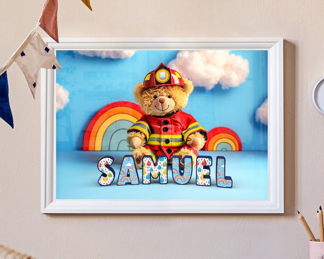 Personalised Fireman Art Teddy Bear Print Children Firefighter Rainbow ...