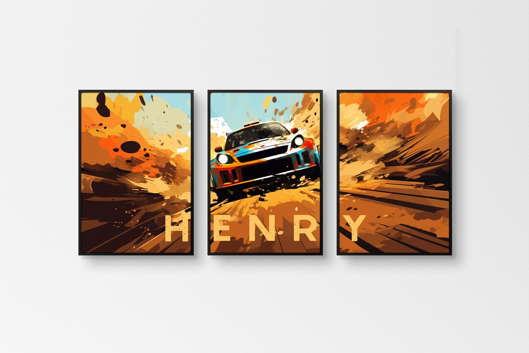 Personalised Rally Car Print Set, Custom Racing Triptych, Kids Fun ...