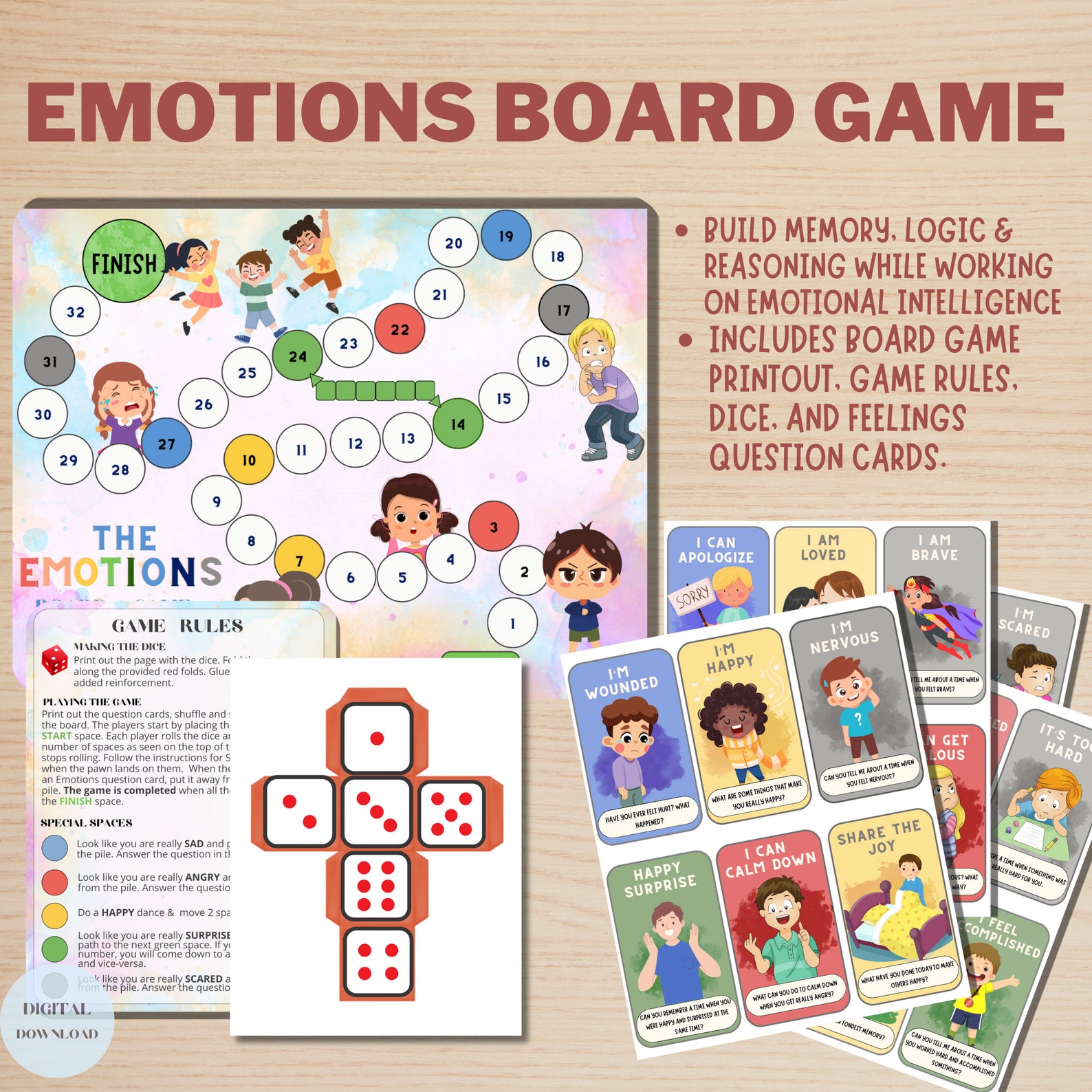 Printable Board Game for Kids, Emotions Board Game, Feelings Cards ...
