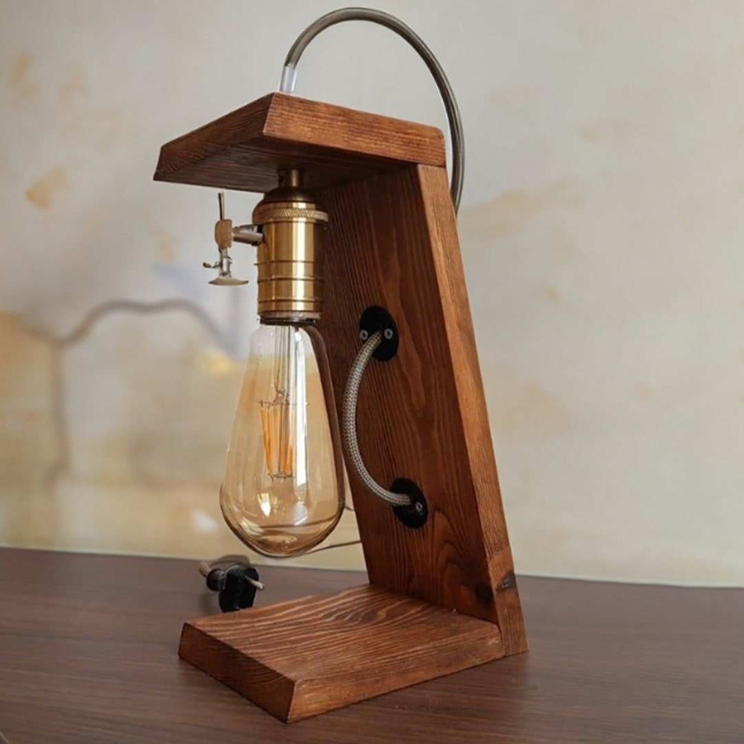 Wooden Table Lamp With Switch Edison Bulb Rustic Decor - Etsy