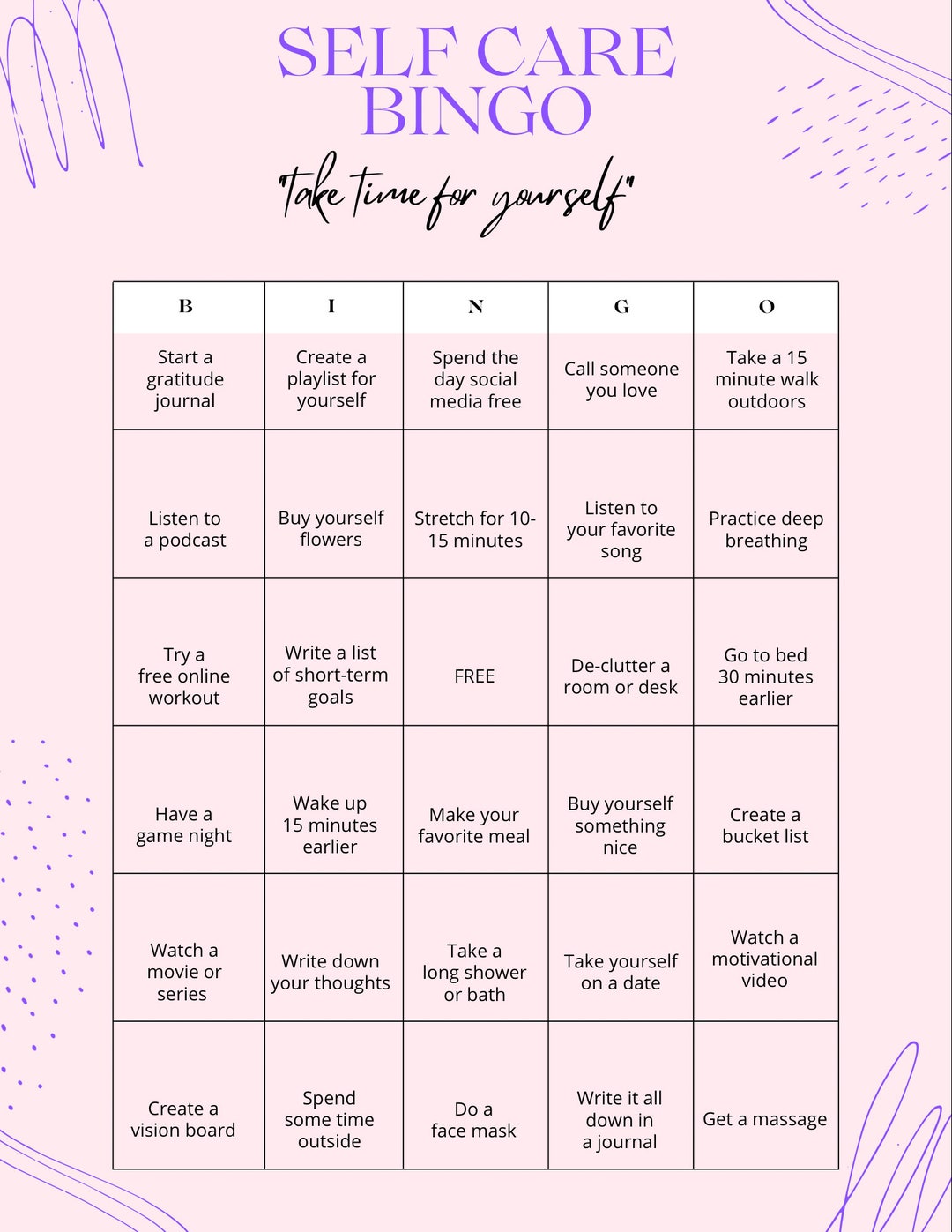 Bingo Digital Self Care Challenge | Self Care Tips | Self Care Game ...