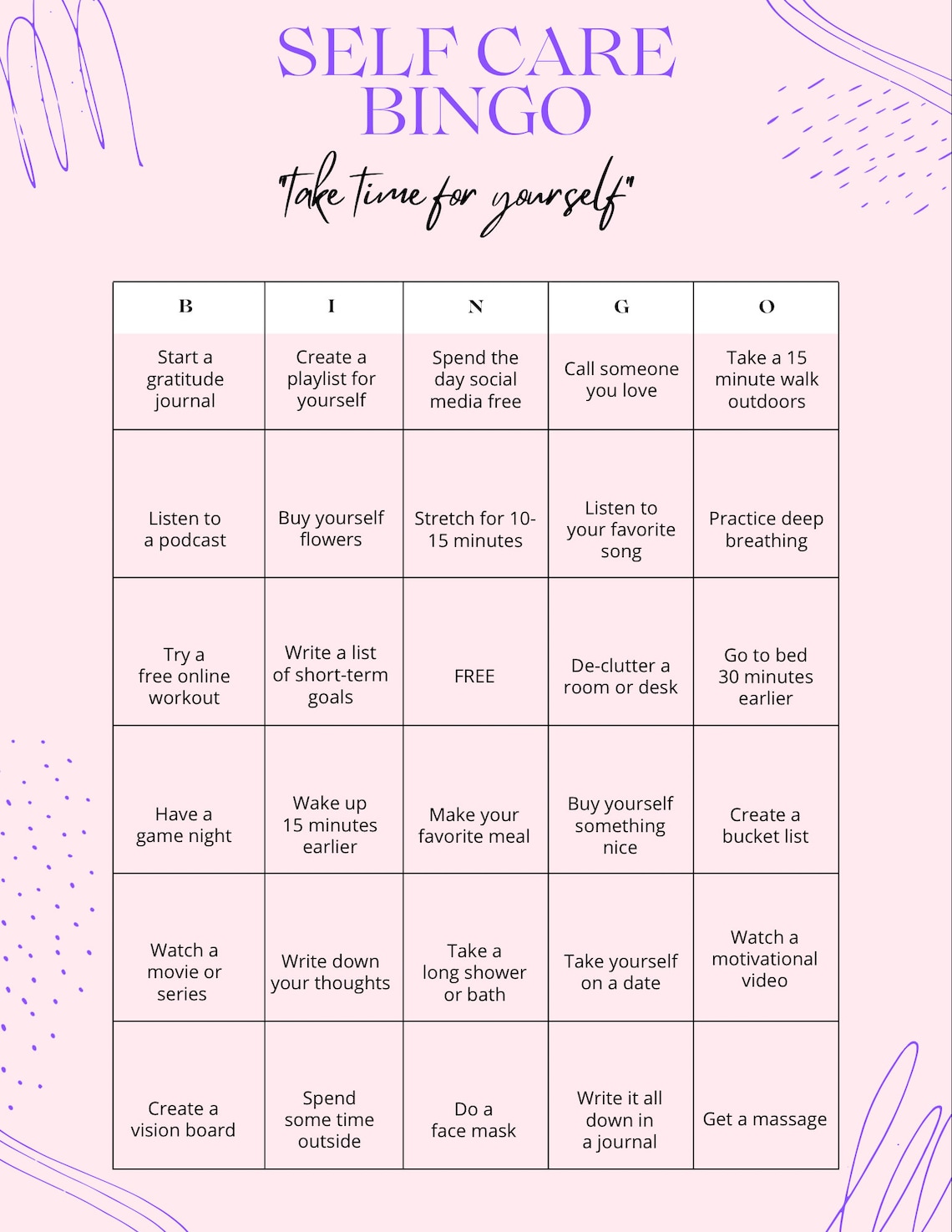 Bingo Digital Self Care Challenge | Self Care Tips | Self Care Game ...