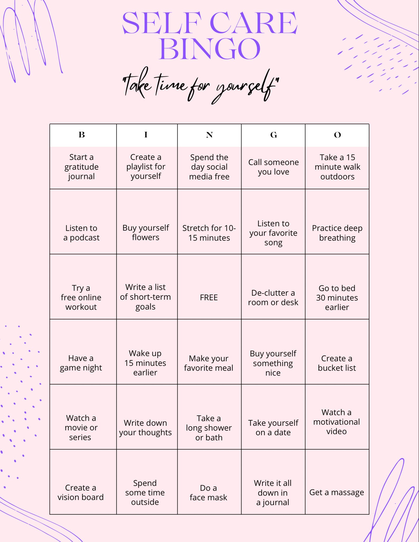 Bingo Digital Self Care Challenge | Self Care Tips | Self Care Game ...