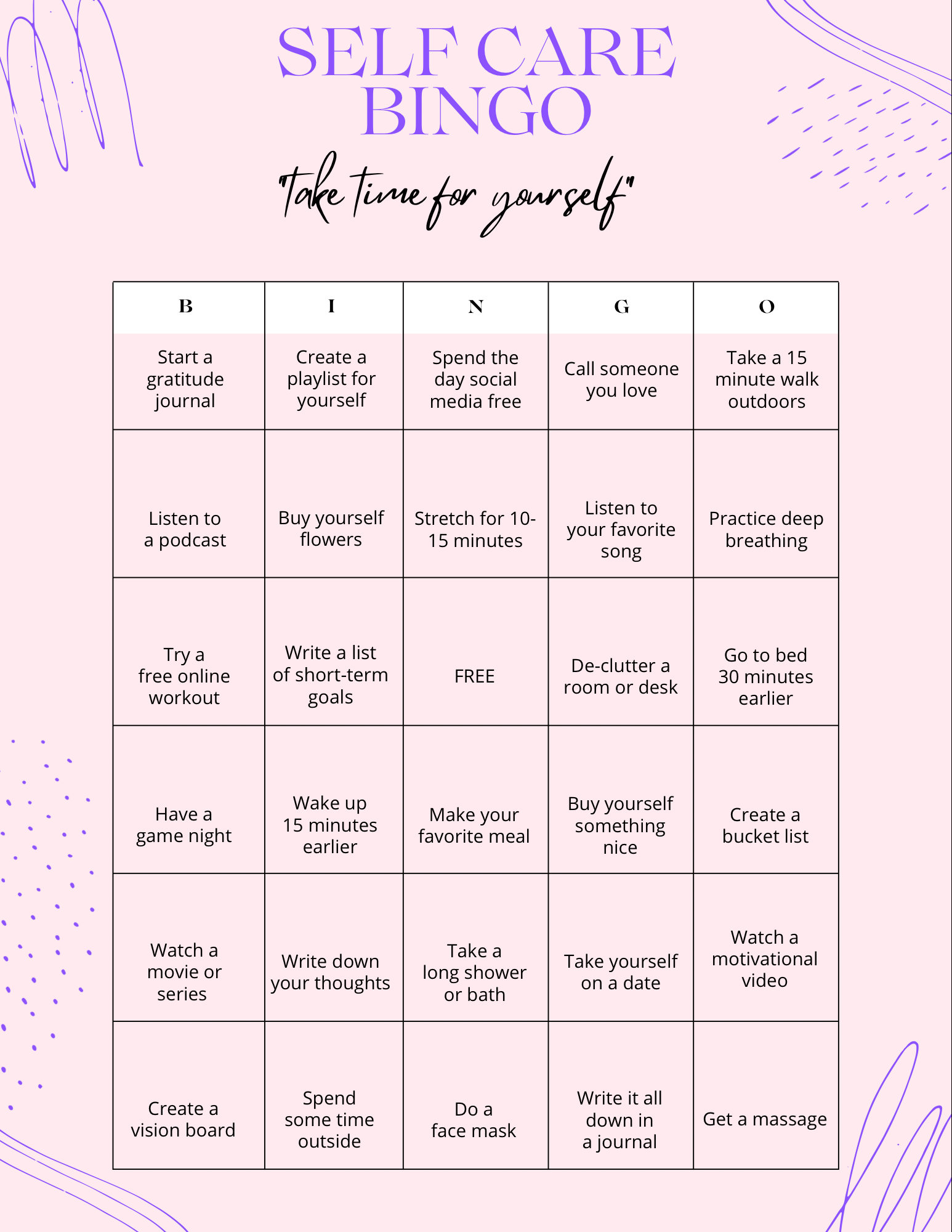 Bingo Digital Self Care Challenge | Self Care Tips | Self Care Game ...