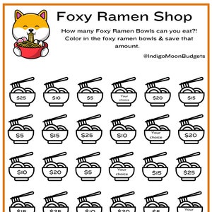 Foxy Ramen Shop Color and Save Instant Download Savings Challenge - Etsy