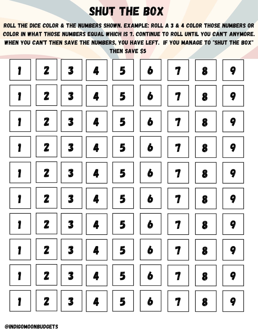 Shut the Box Savings Challenge Game - Etsy