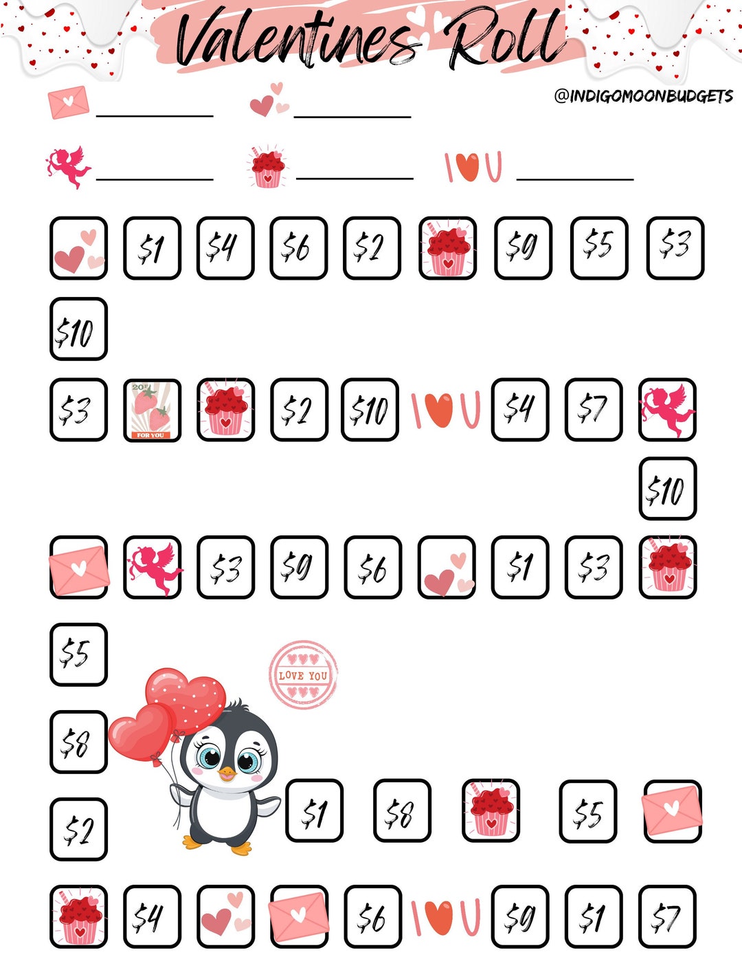 Valentine Roll & Save Boardgame Saving Challenge - Etsy