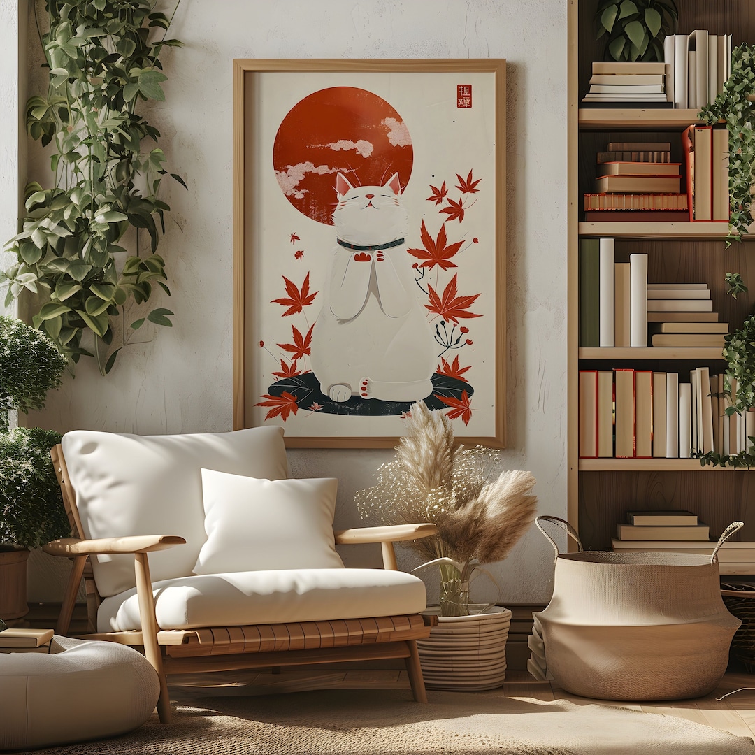 Maneki Neko Poster 5, Japandi Wall Art Wabi Sabi Artwork Beckoning Cat ...