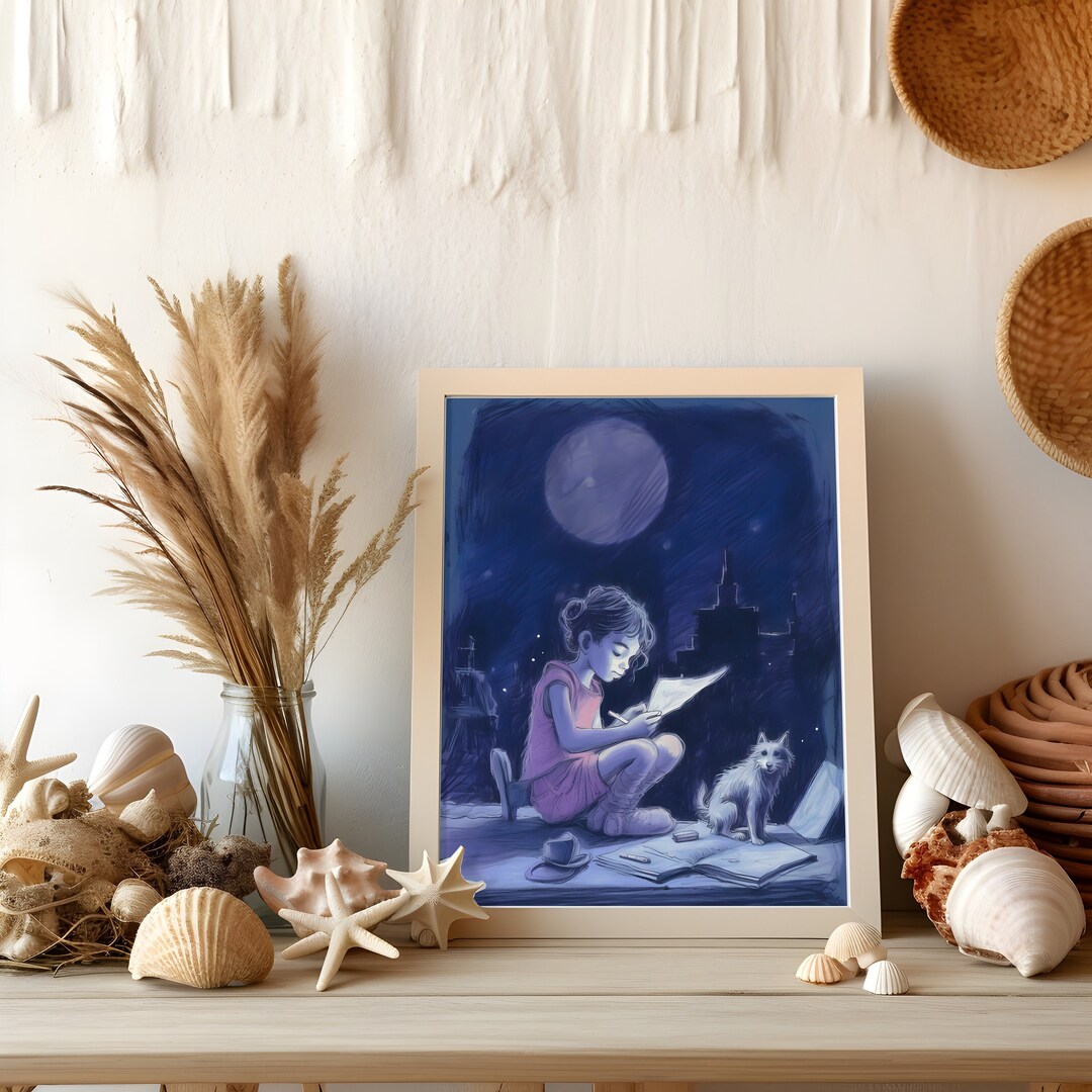 Blue Girl Reading Poster 2, Starry Night Big City Wall Art Gift for Her ...