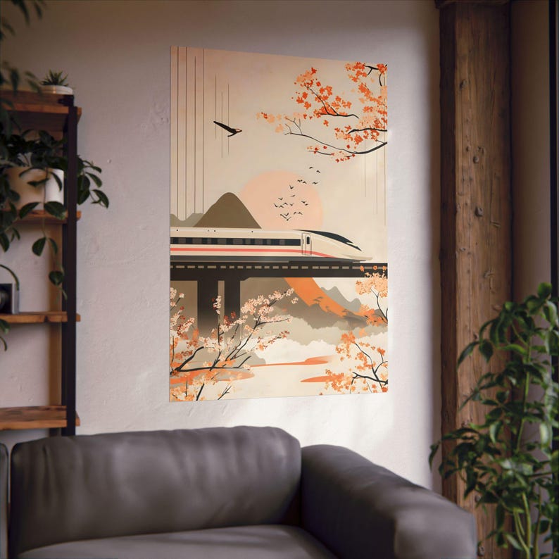 Shinkansen and Sakura Poster, Bullet Train Artwork Japandi Wall Art ...