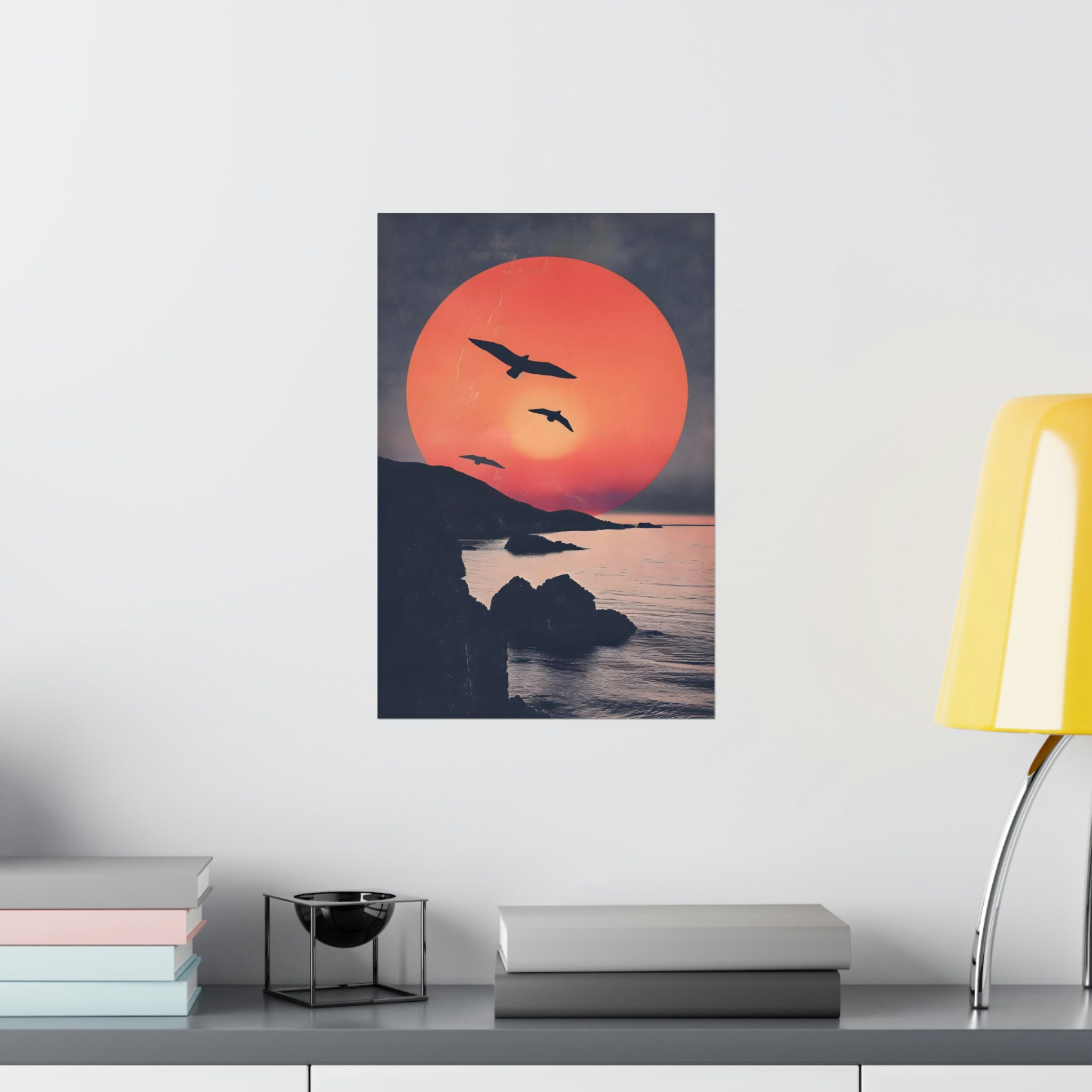 Japanese Sunset Poster 2, Japandi Wall Art Birds and Sun Room Decor ...
