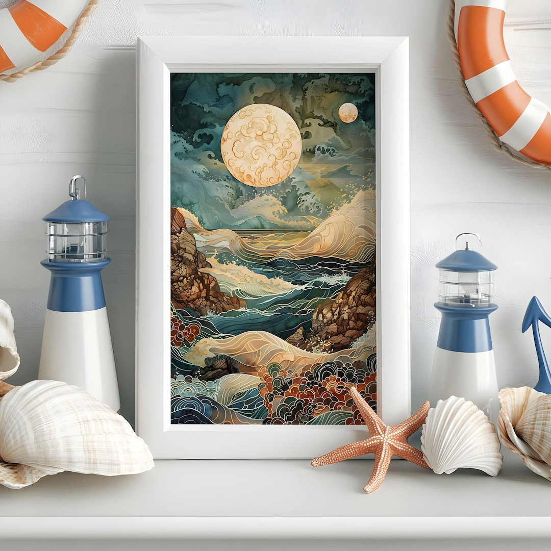 Abstract Seascape Poster, Beachy Wall Art Ocean Inspired Style Japandi ...