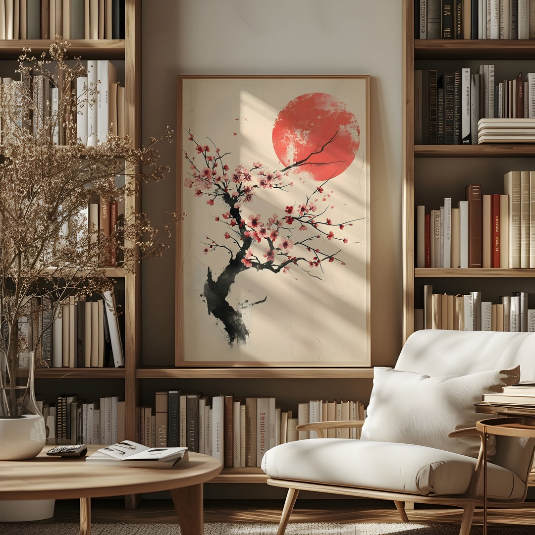 Pink Sakura Tree Poster, Japandi Wall Art Cherry Blossom Print Simple ...