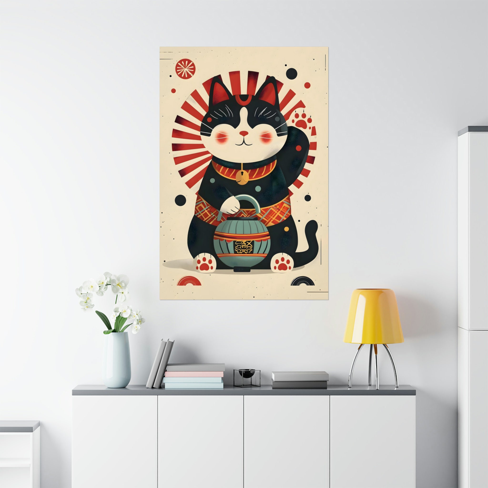 Maneki Neko Poster 4, Japandi Wall Art Lucky Cat Japanese Lantern Print ...