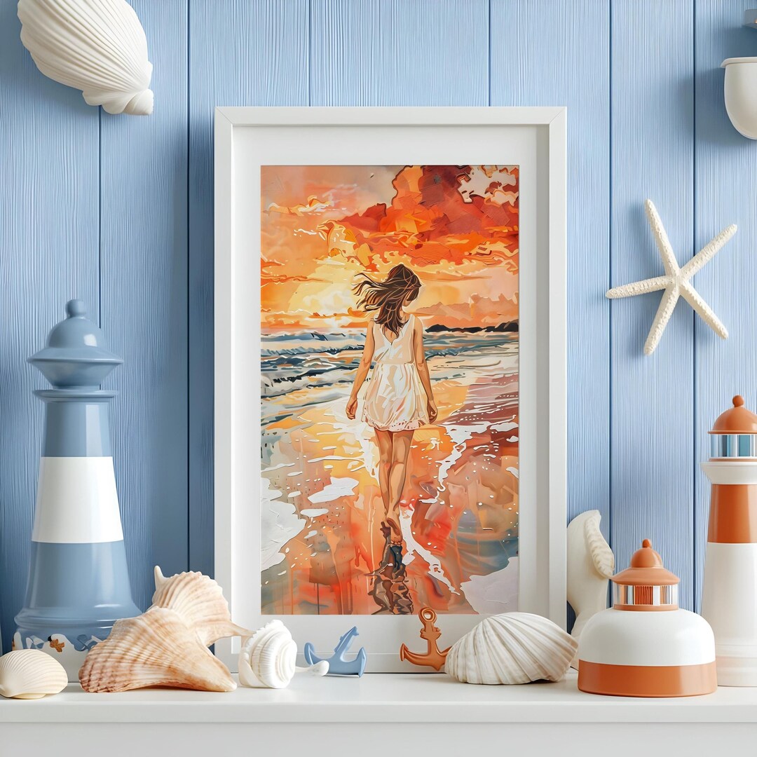 Seascape Sunset Walk Poster, Beachy Wall Art Coastal Core Print Orange ...