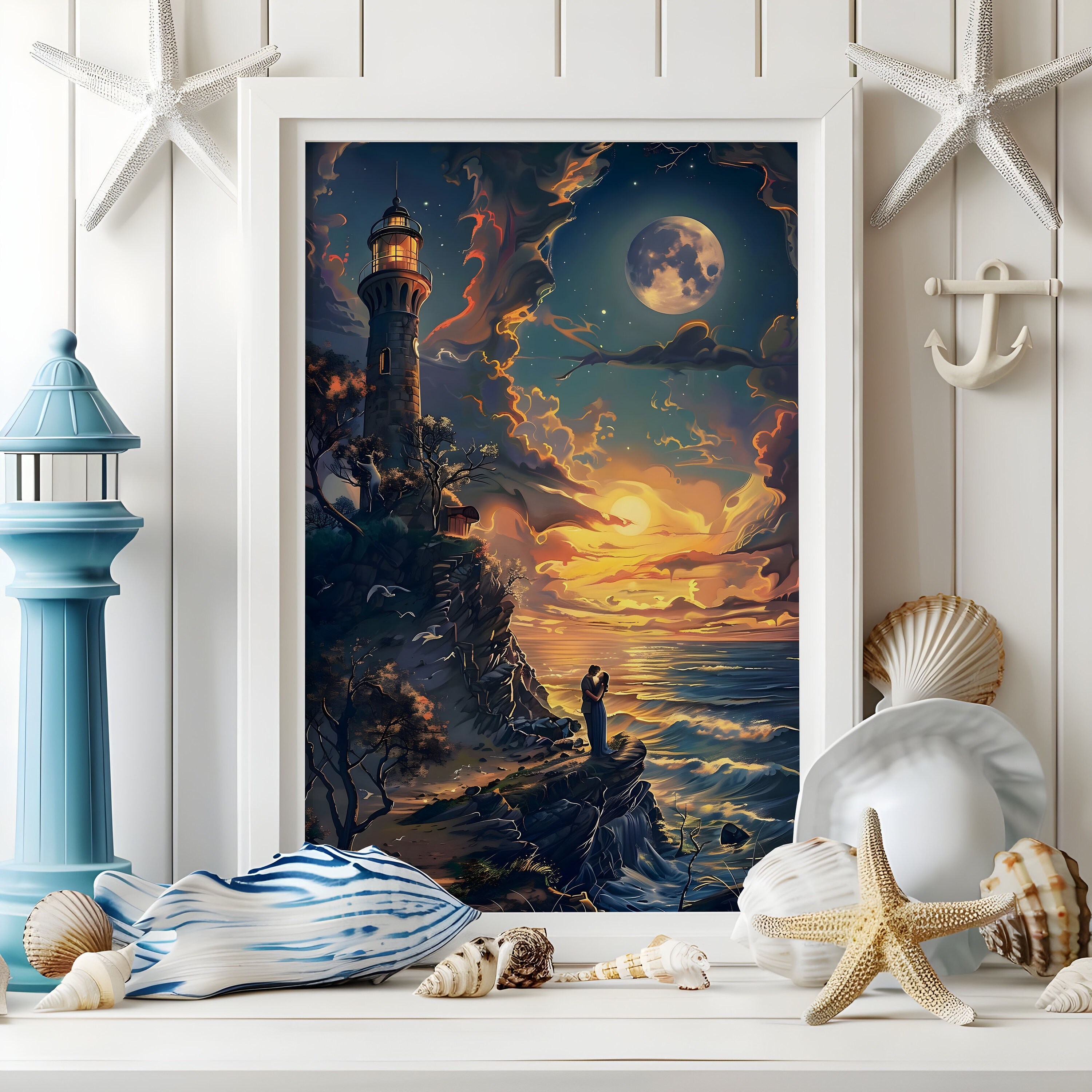 Romantic Lighthouse Couple Poster, Beachy Wall Art Full Moon Sunset ...