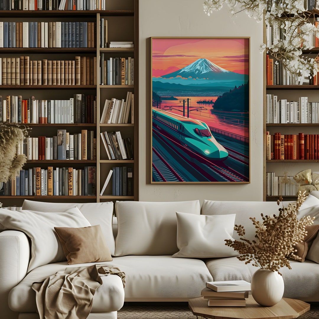 Shinkansen Poster 2, Japandi Wall Art Dawn Over Mount Fuji Kawaguchi ...