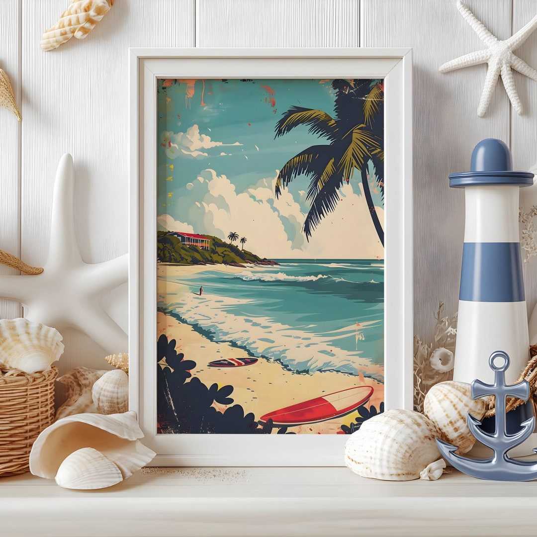 Surfboard Resort Poster, Beachy Wall Art Ocean Inspired Style Exotic ...