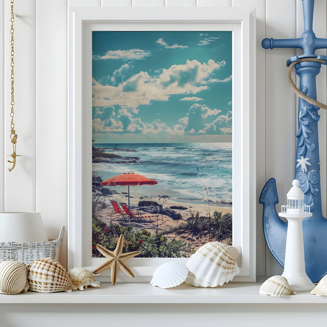 Sunbeds at the Beach Poster, Beachy Wall Art Ocean Inspired Style ...