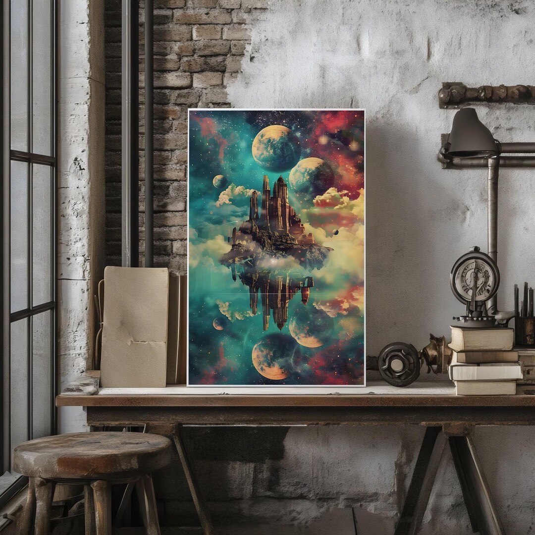 Science Fiction Castle Poster, Space Wall Art Cosmic Decoration Scifi ...