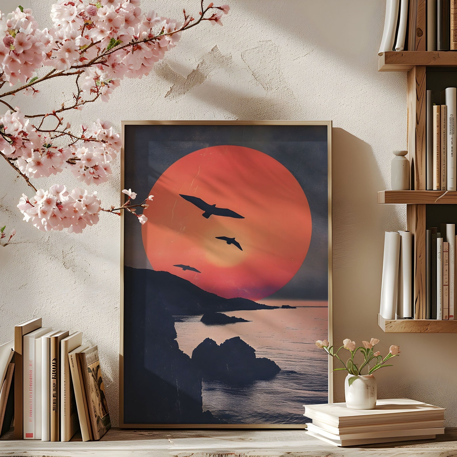 Japanese Sunset Poster 2, Japandi Wall Art Birds and Sun Room Decor ...