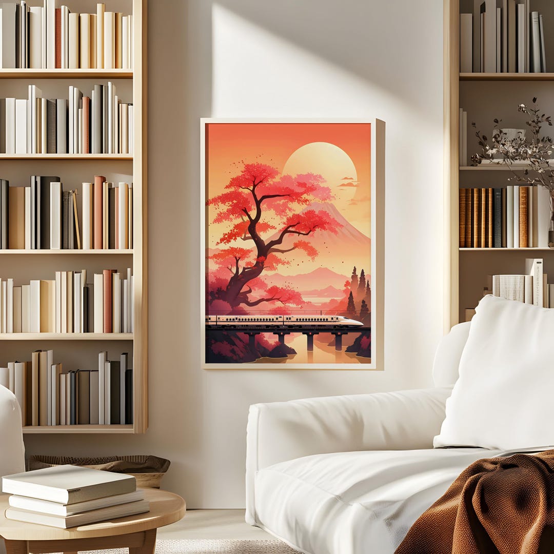 Serene Japanese Landscape Poster, Japandi Wall Art Shinkansen Bullet ...