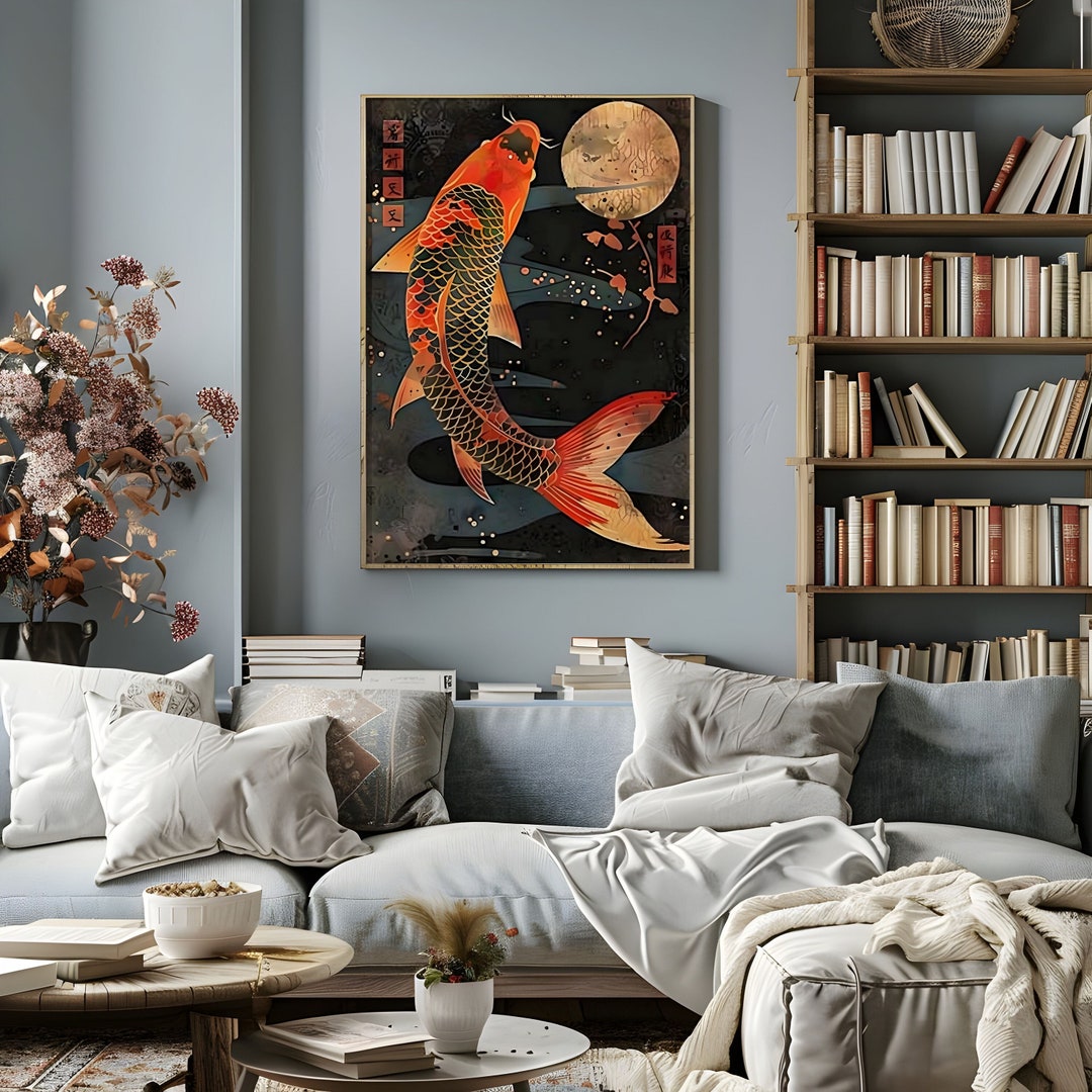 Black Koi Fish Poster, Japandi Wall Art Japanese Orange Carp Decor Koi ...