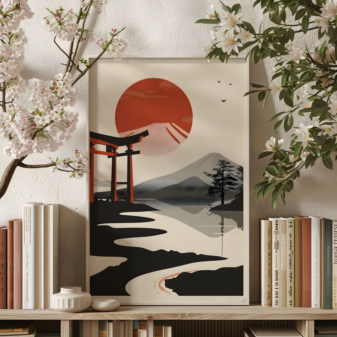 Japanese Landscape Poster 4, Japandi Wall Art Torii Gate Print Flowing ...
