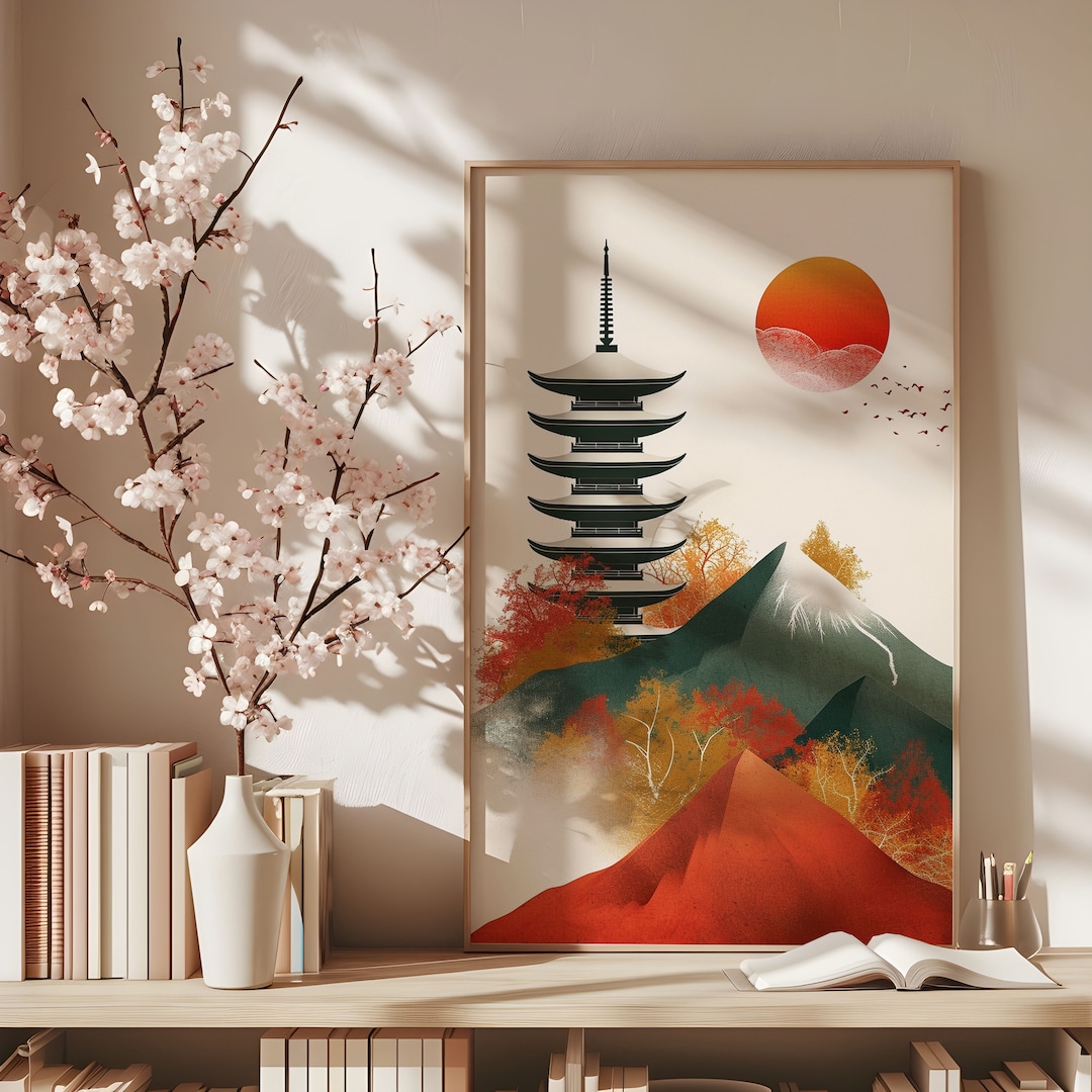 Japanese Pagoda Poster 2, Japandi Wall Art Schematic Japan View Print ...