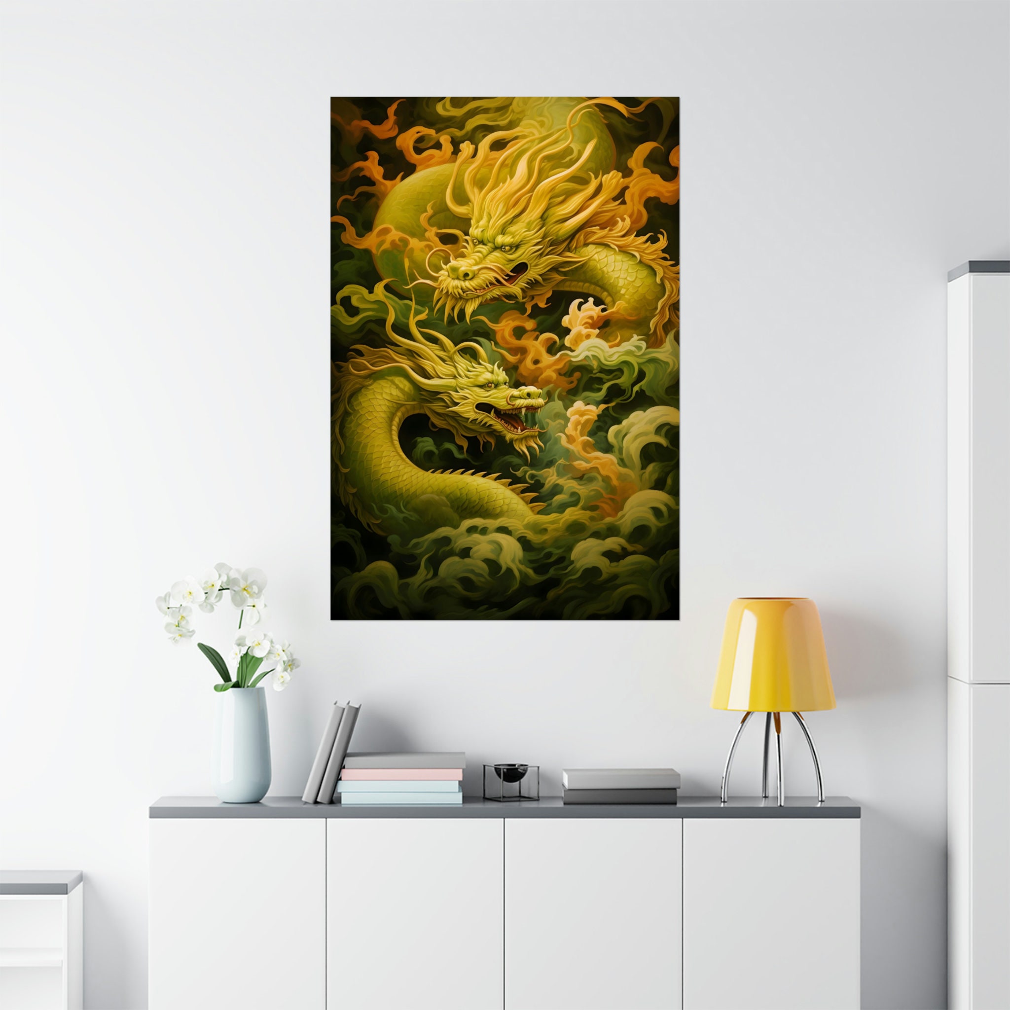 Chinese Dragons Poster, Yellow Dragon Wall Art Fantasy Home Decor Gift ...