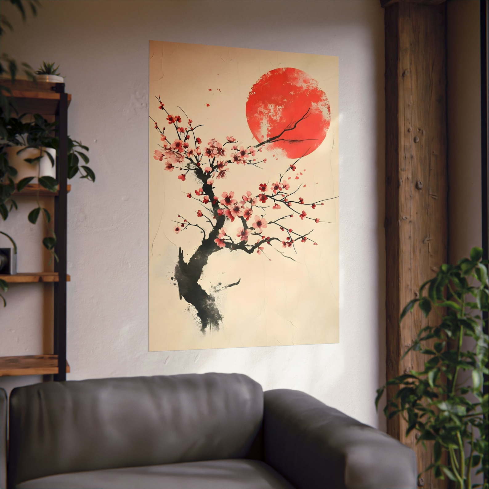 Pink Sakura Tree Poster, Japandi Wall Art Cherry Blossom Print Simple ...