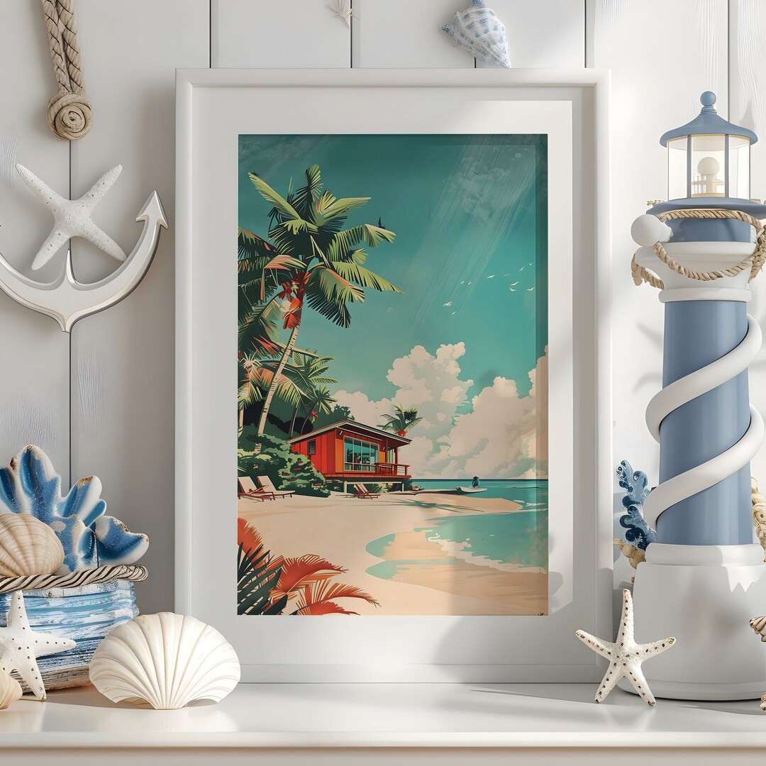 Vintage Beach House Poster, Beachy Wall Art Palm Tree Decor Ocean ...