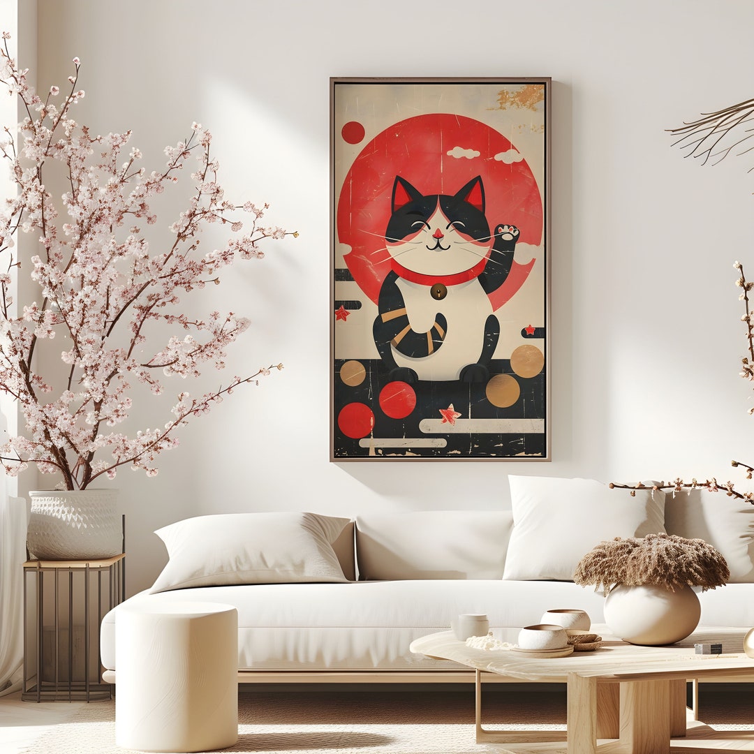 Maneki Neko Poster 1, Japandi Wall Art Lucky Cat Illustration Beckoning ...