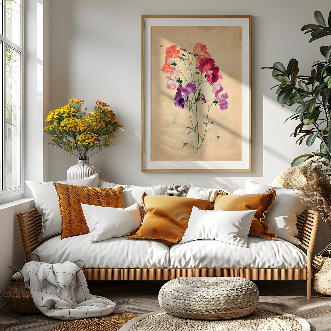 Sweet Pea Botanical Poster 5, Retro Plant Print Magical Decor Vintage ...