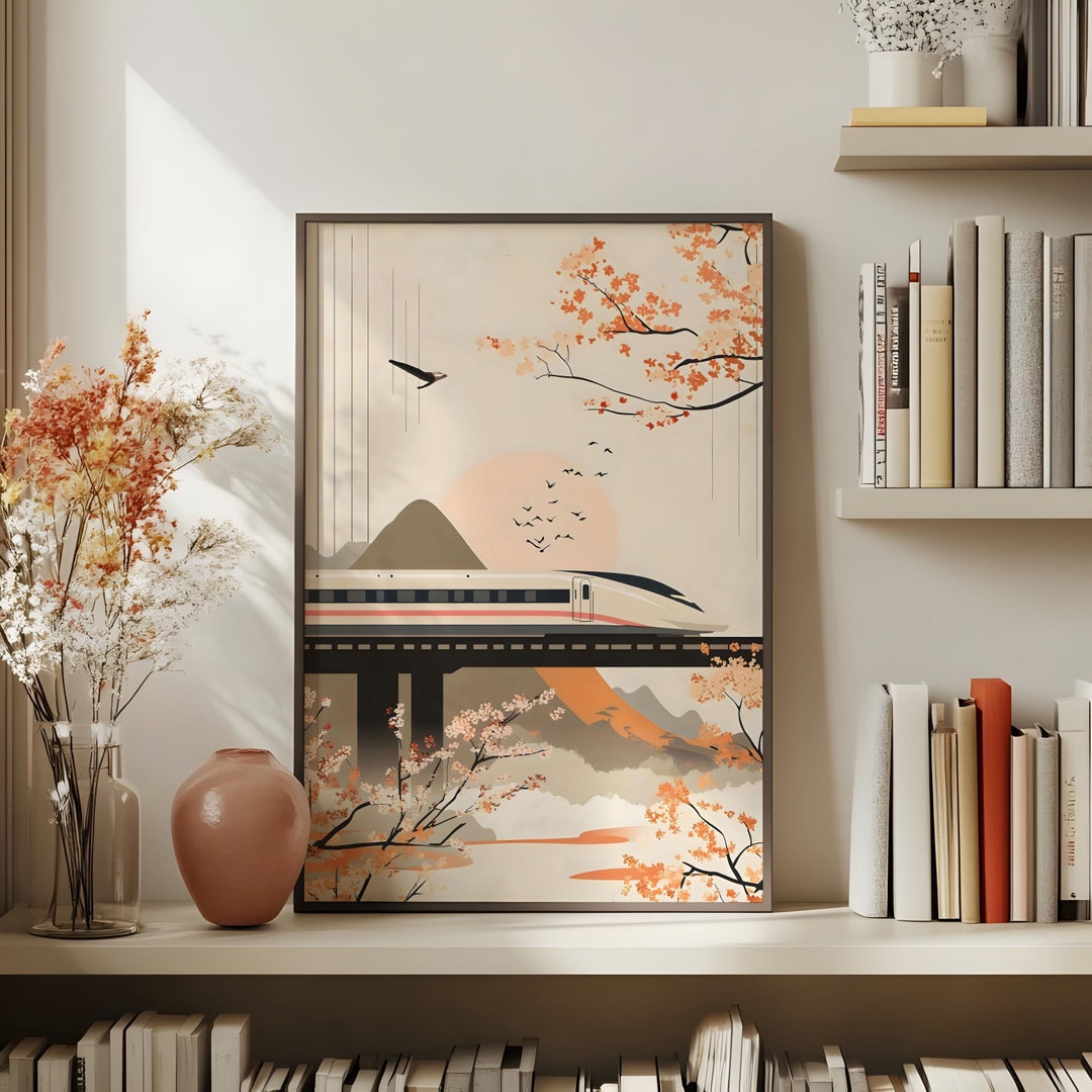 Shinkansen and Sakura Poster, Bullet Train Artwork Japandi Wall Art ...