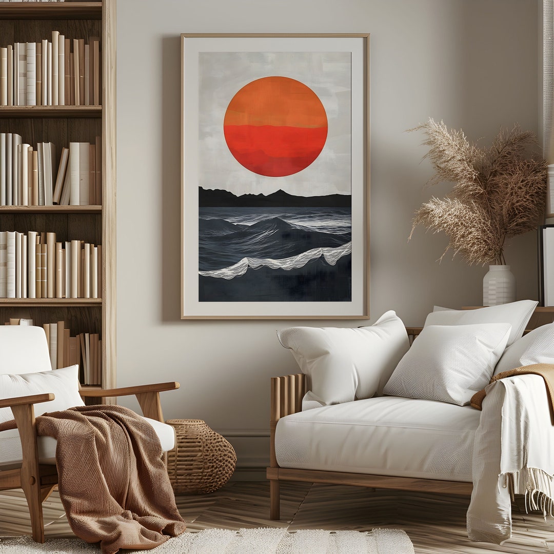 Japanese Sunset Poster 1, Japandi Wall Art Sun and Sea Print Water ...