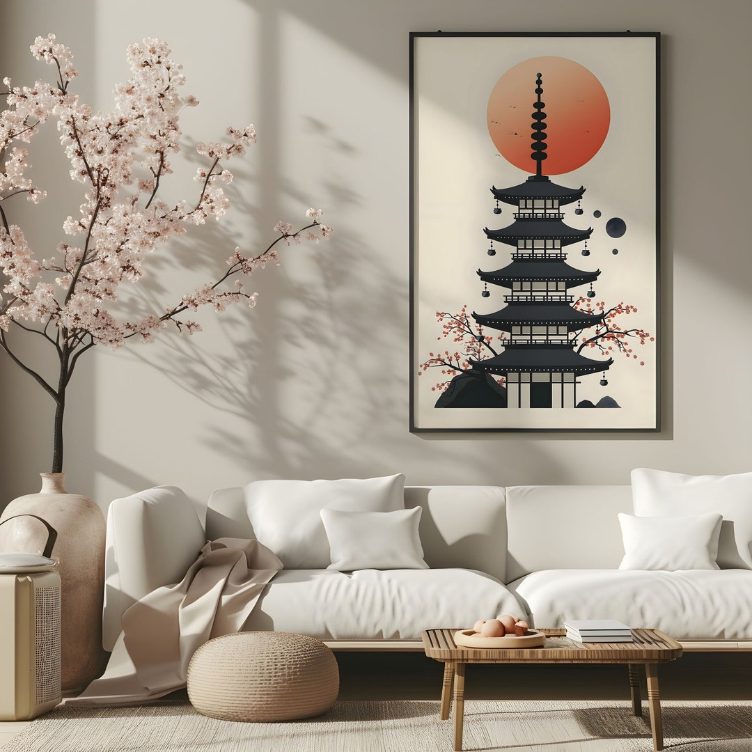 Japanese Pagoda Poster 3, Japandi Wall Art Sakura Flower Decor Old ...