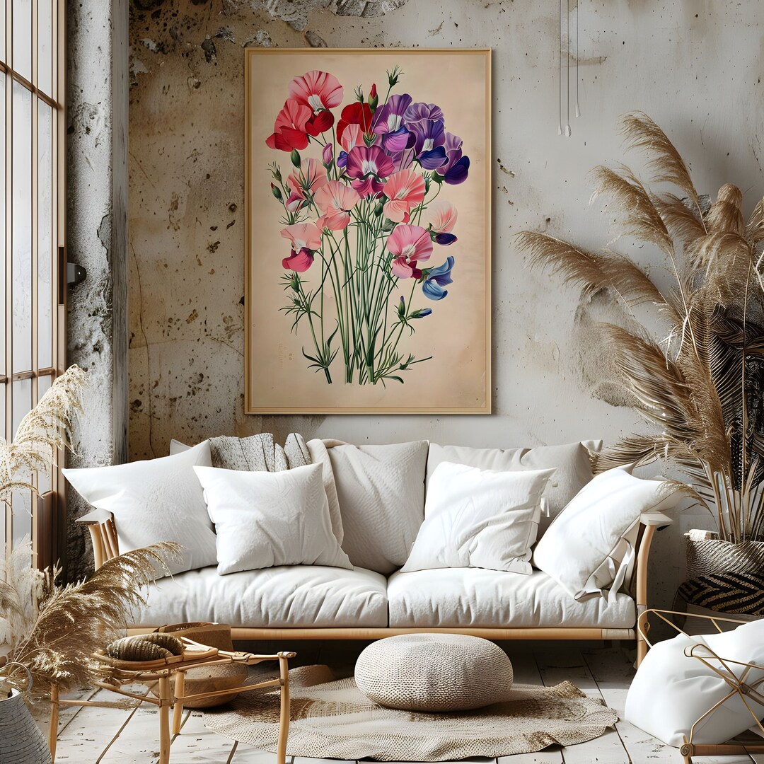 Sweet Pea Botanical Poster 11, Red and Purple Spring Flower Decor ...