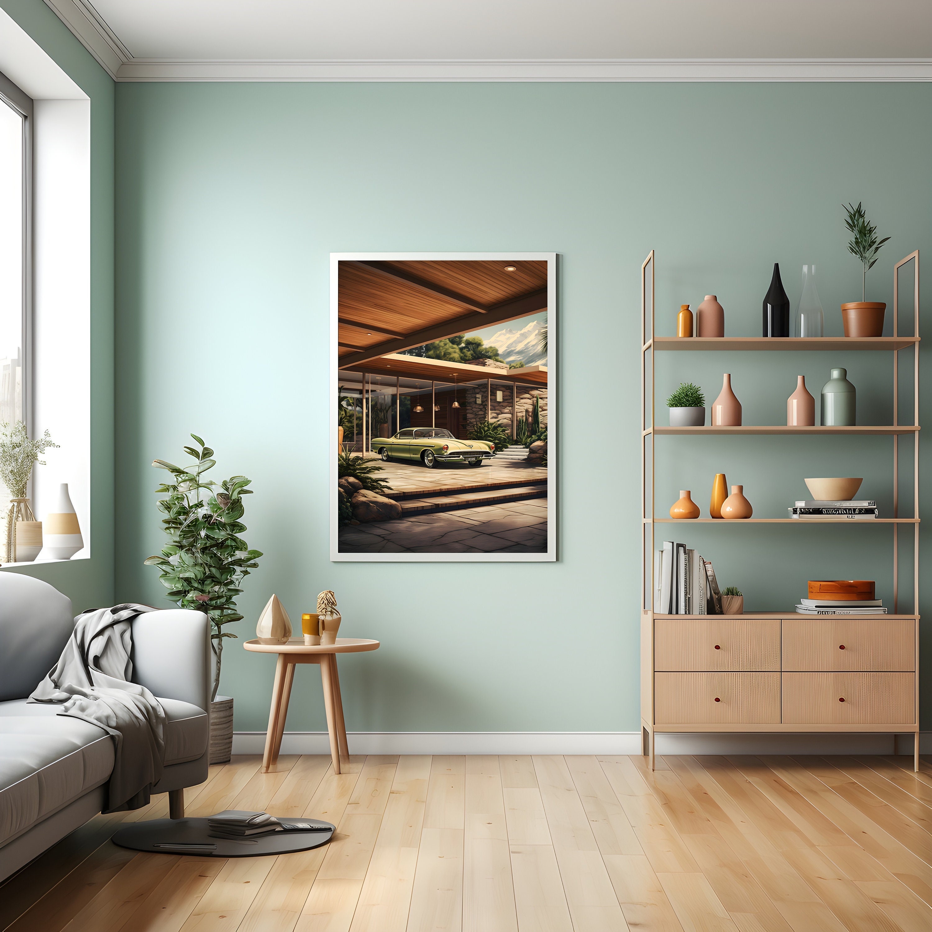 Midcentury Modern Home and Car Poster, Classic Interior Design Wall Art ...