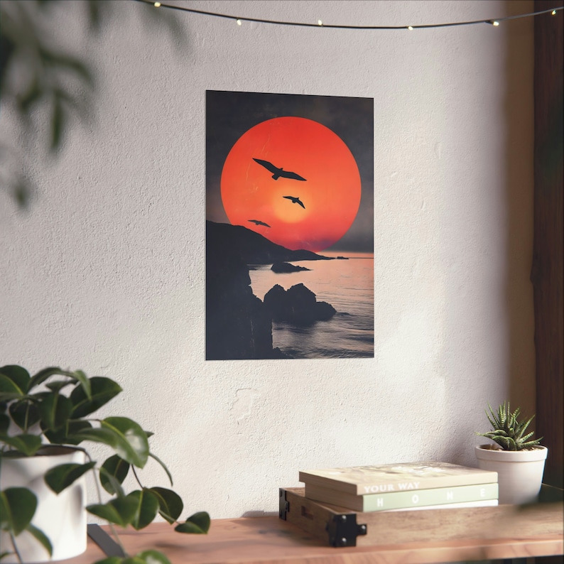 Japanese Sunset Poster 2, Japandi Wall Art Birds and Sun Room Decor ...