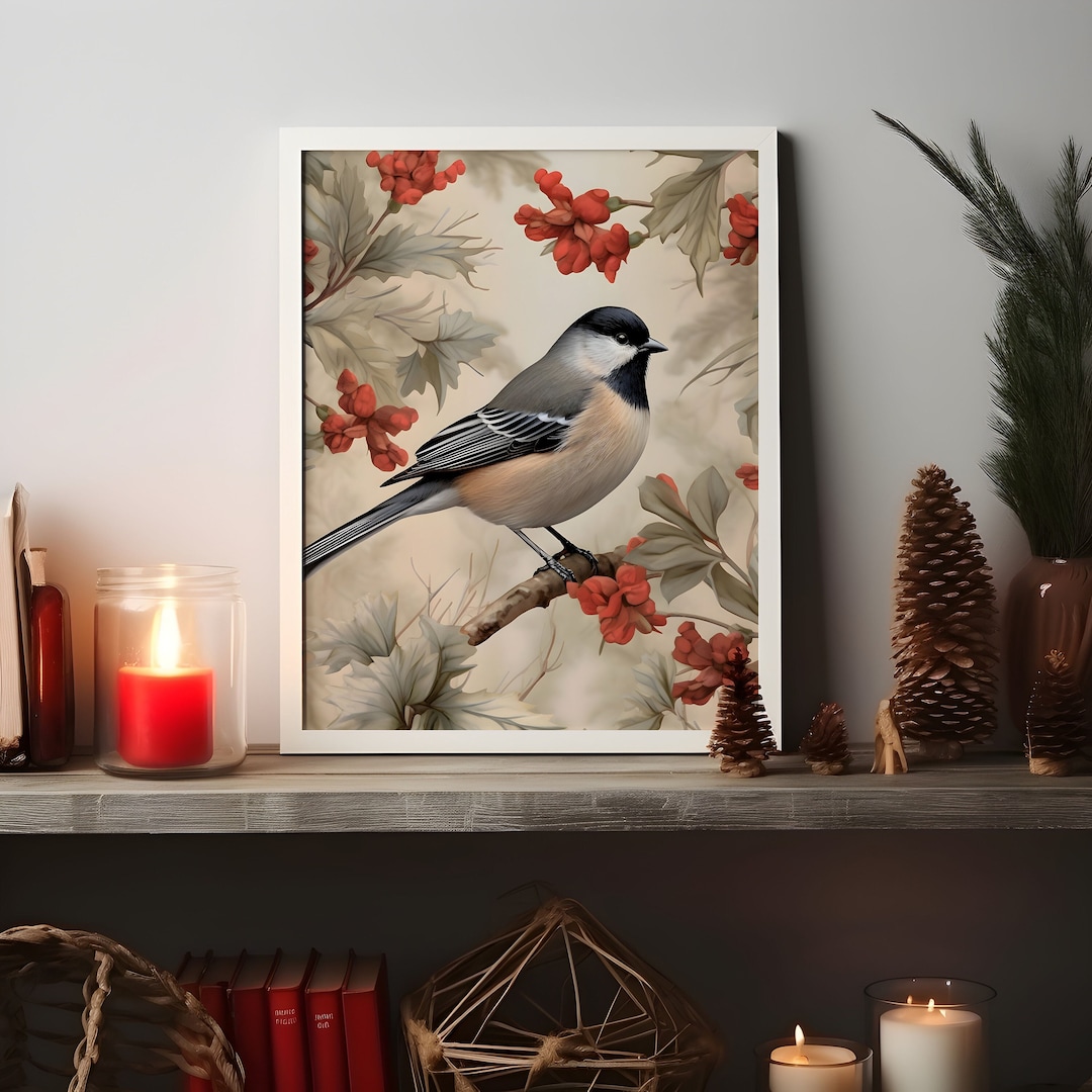 Retro Botanical Print Black Capped Chickadee Poster, Vintage Winter ...