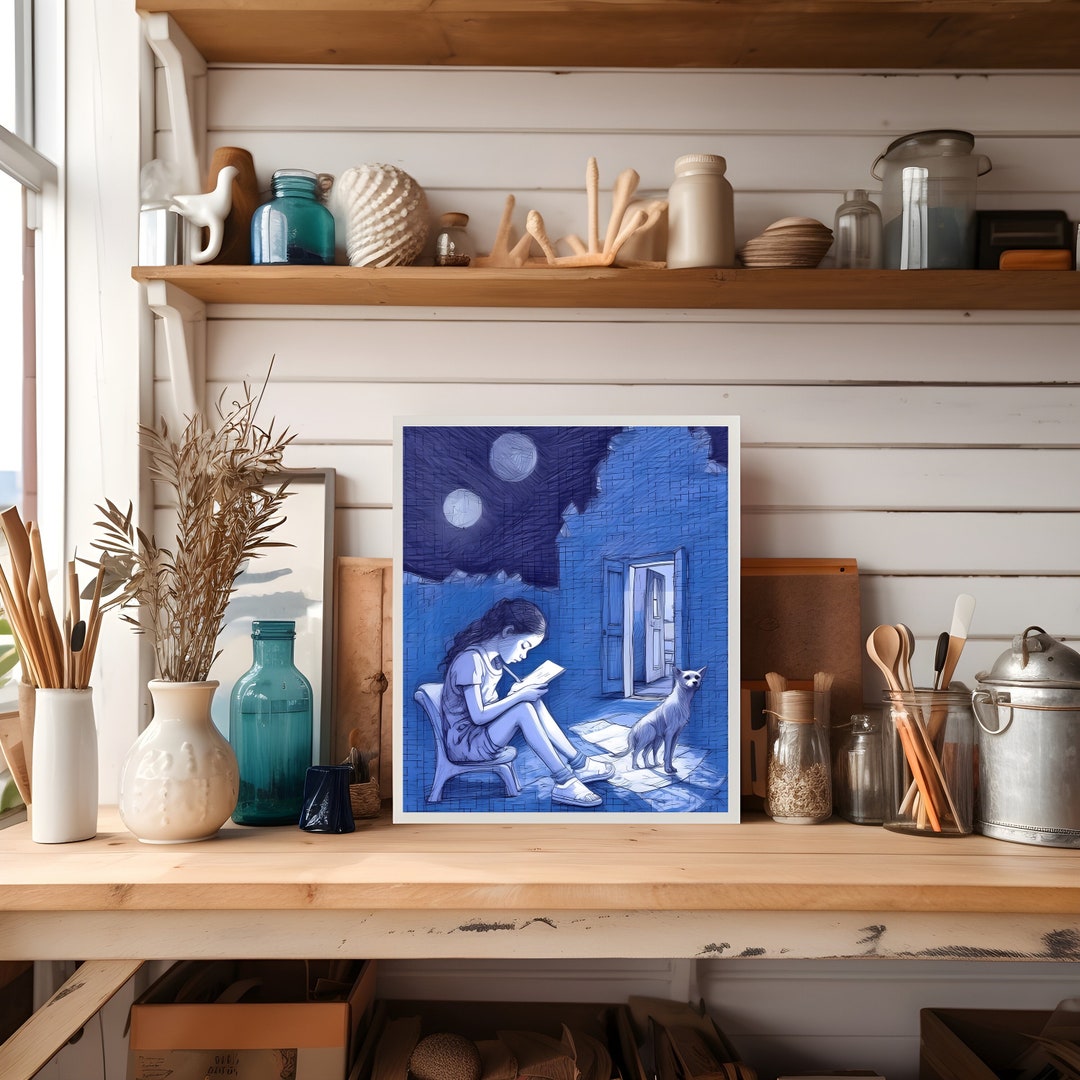 Blue Girl Reading Poster 1, Whimsical Gift for Book Lover Funny Dog ...