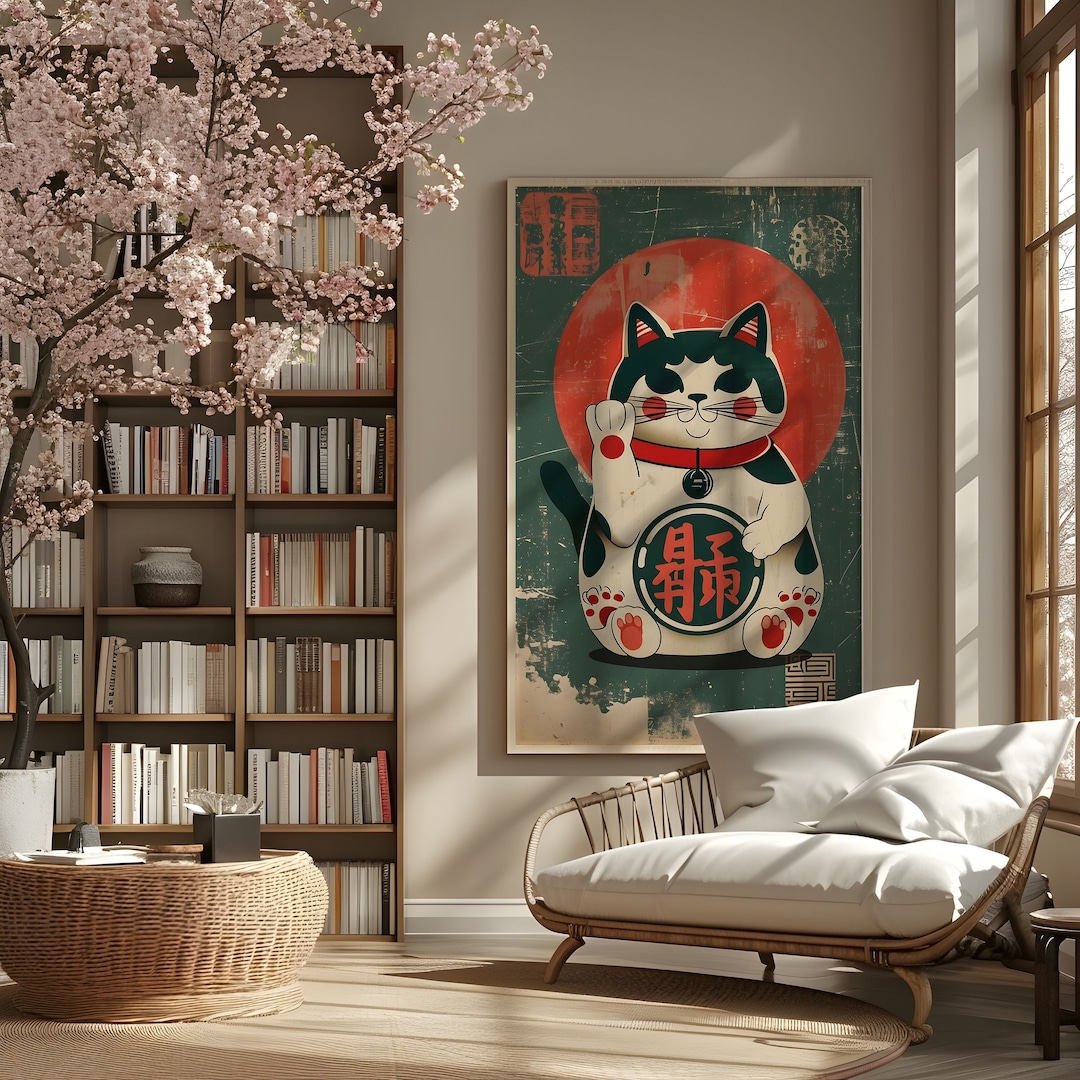 Maneki Neko Poster 2, Japandi Wall Art Wabi Sabi Decor Beckoning Cat ...