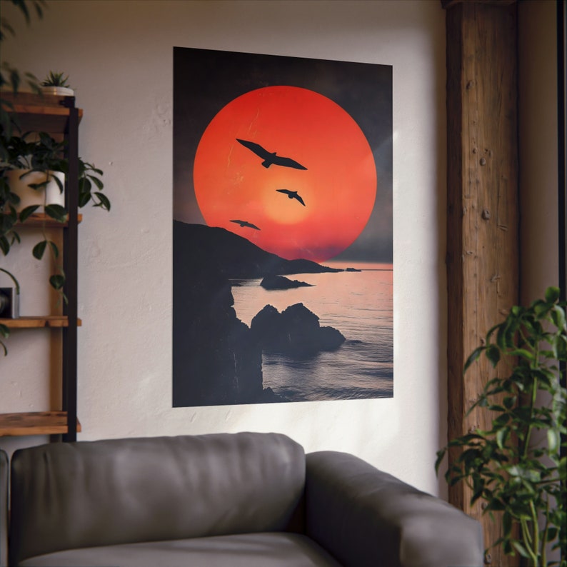 Japanese Sunset Poster 2, Japandi Wall Art Birds and Sun Room Decor ...