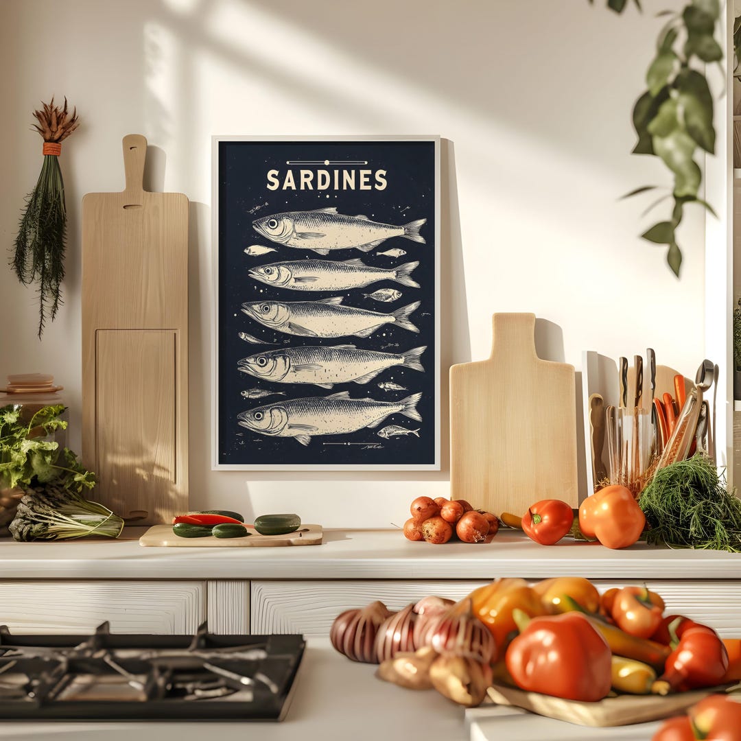 Retro Sardines Poster 1, Nautical Wall Art Seafood Lighthouse Kitchen ...