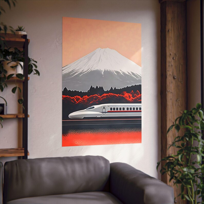 Shinkansen and Mt Fuji Poster, Japandi Wall Art Simple Japanese Print ...