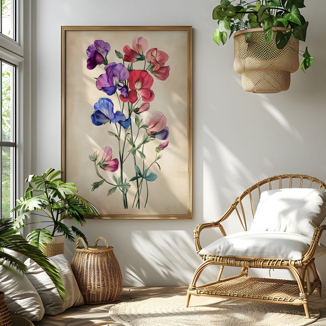 Sweet Pea Botanical Poster 10, Retro Plant Artwork Spring Flower Art ...