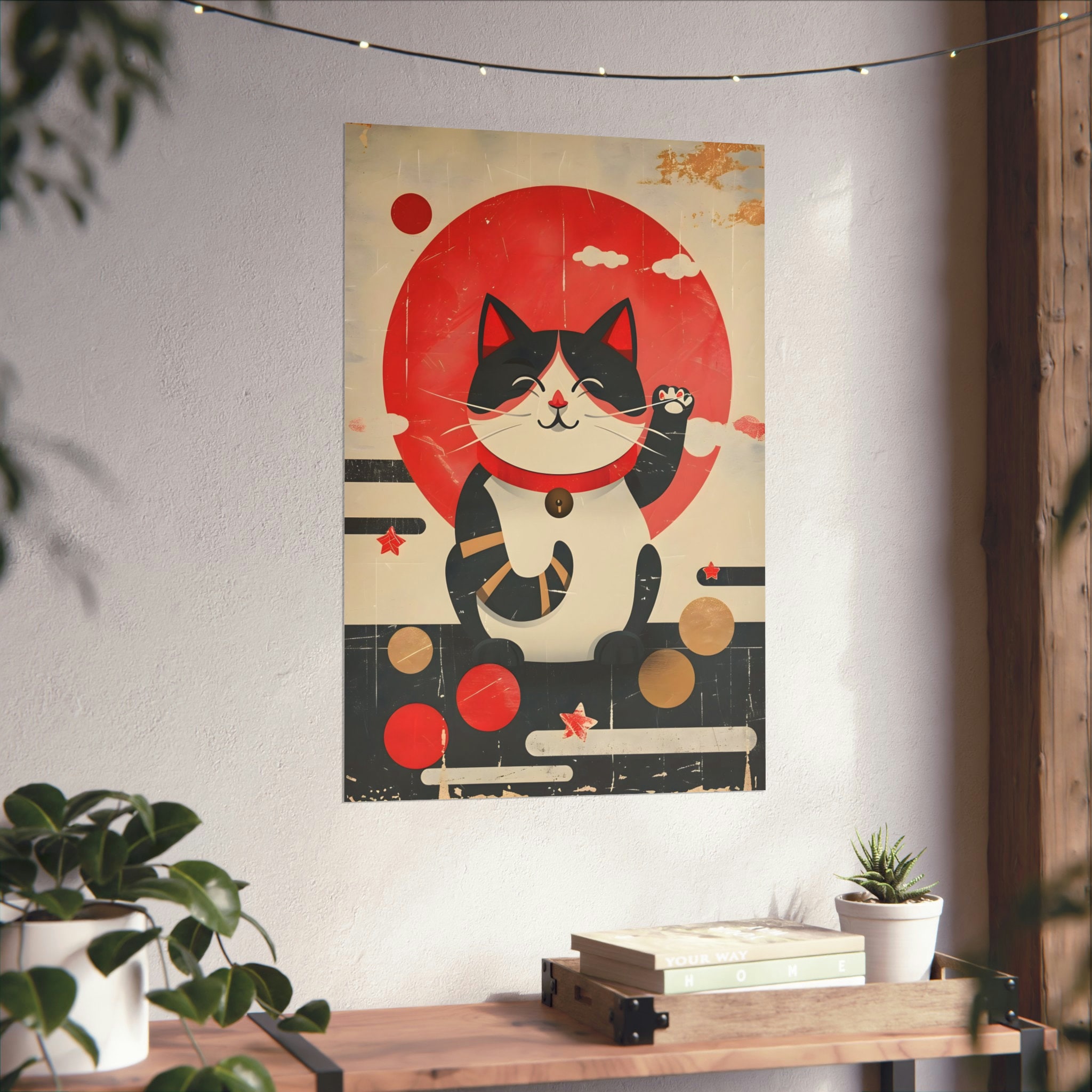 Maneki Neko Poster 1, Japandi Wall Art Lucky Cat Illustration Beckoning ...