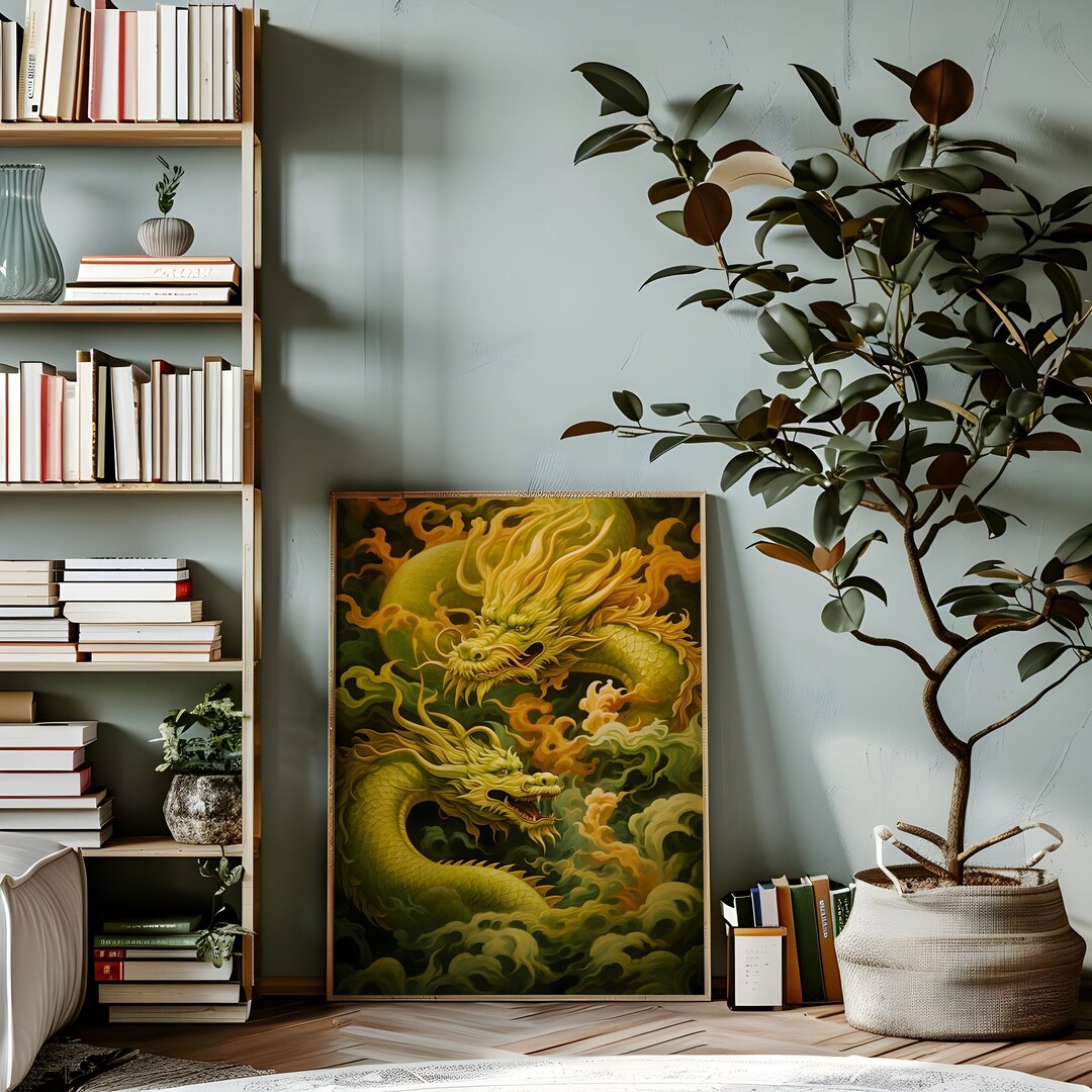 Chinese Dragons Poster, Yellow Dragon Wall Art Fantasy Home Decor Gift ...