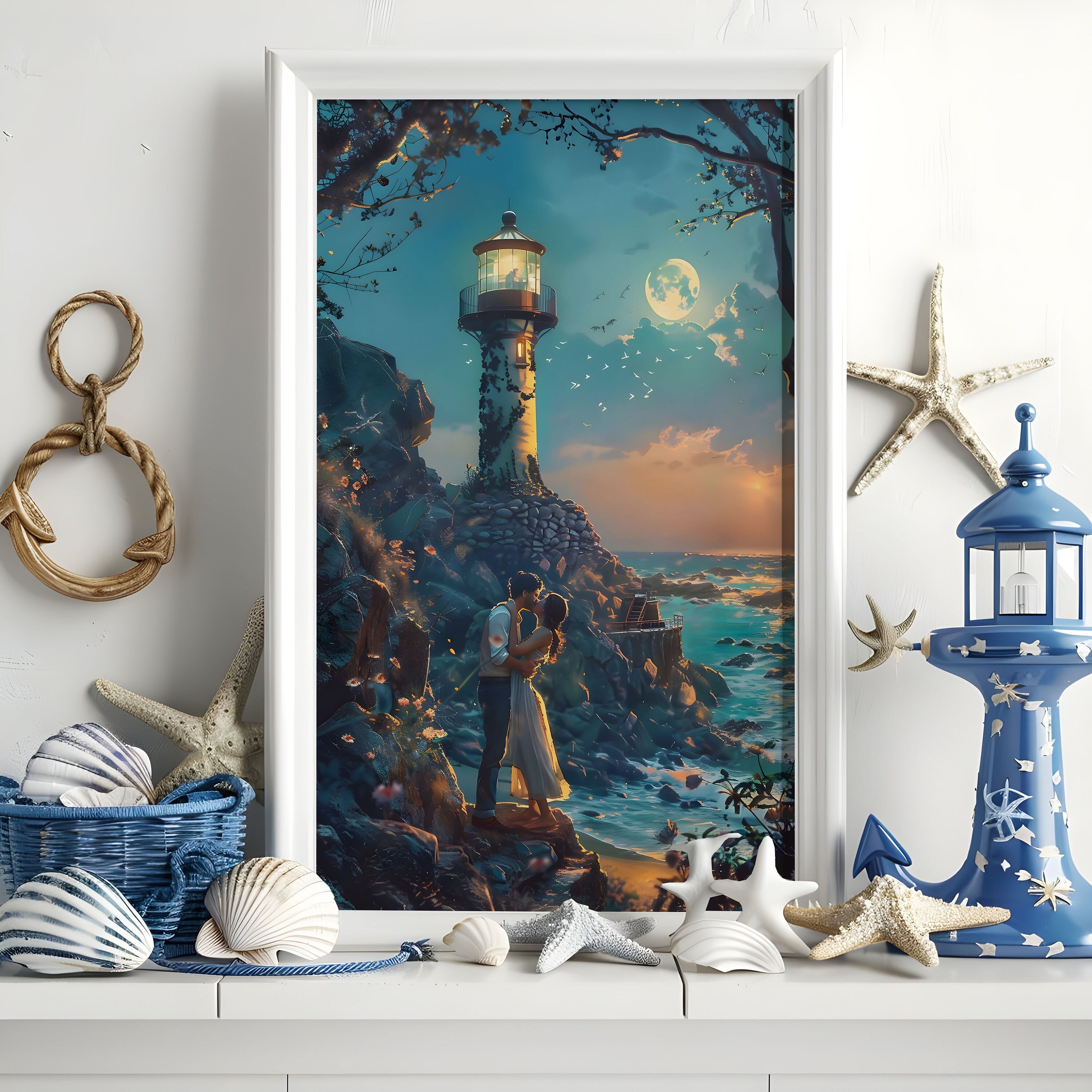 Kiss Under the Lighthouse Poster, Romantic Decoration Beachy Wall Art ...